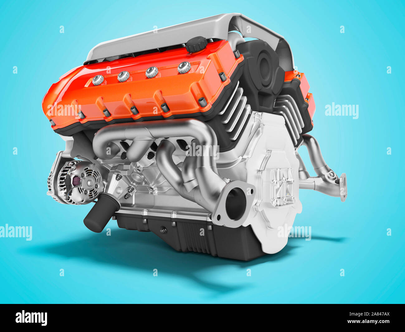 Car engine cast iron red with starter 3d render on blue background with ...