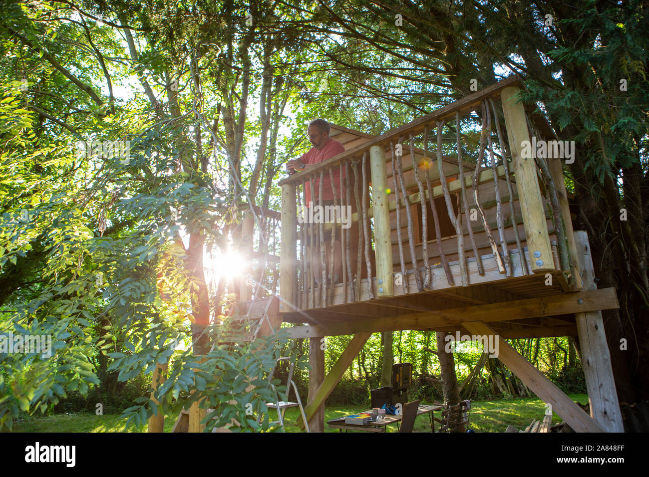 A man building the balcony of a treehouse as the sun sets through the ...