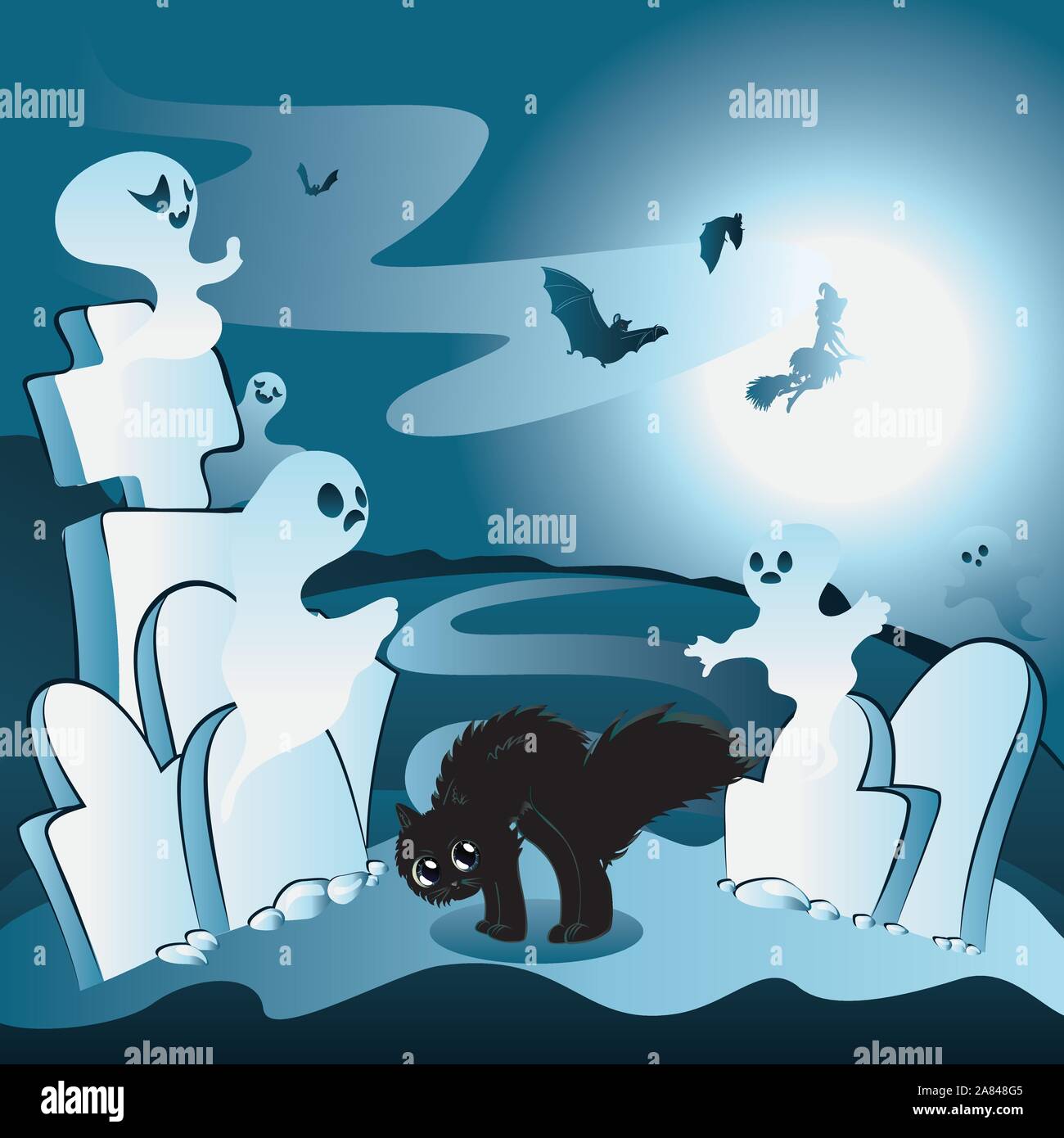 Old cartoon cemetery with ghosts at night Stock Vector Image & Art - Alamy