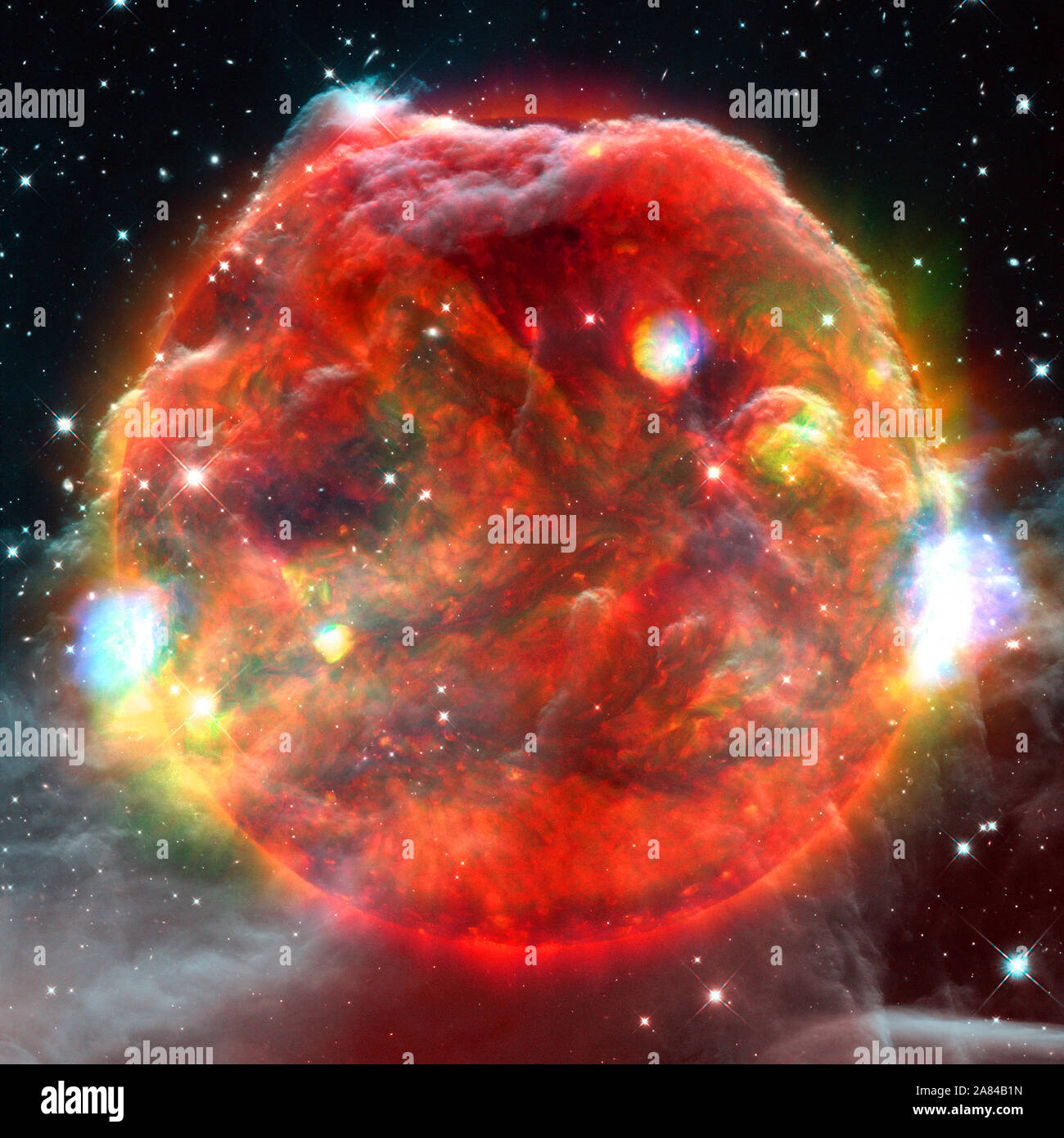 Extremely hot star. Flaring of Sun. Beauty of endless universe ...