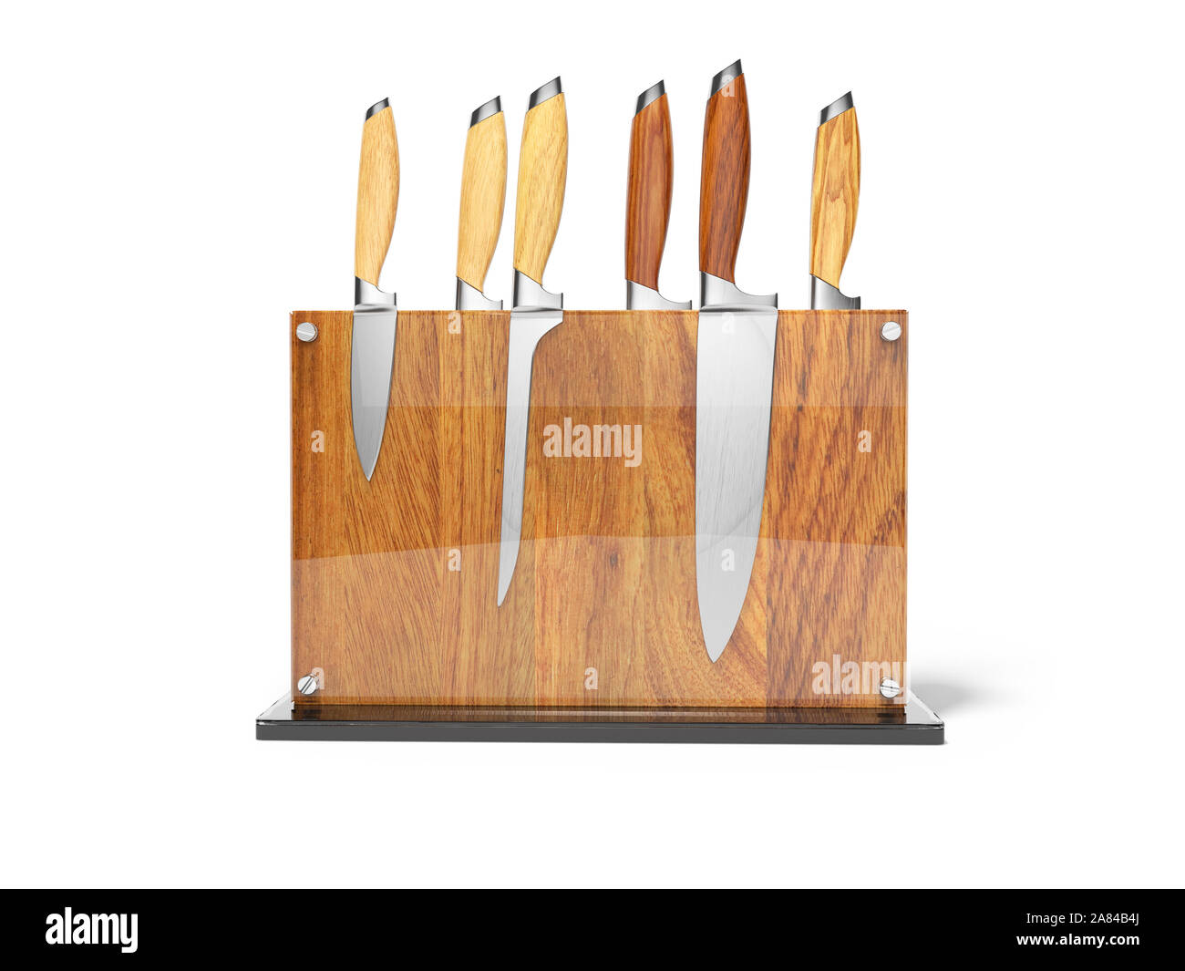 Concept set of kitchen knives in wooden stand 3d render illustration on ...