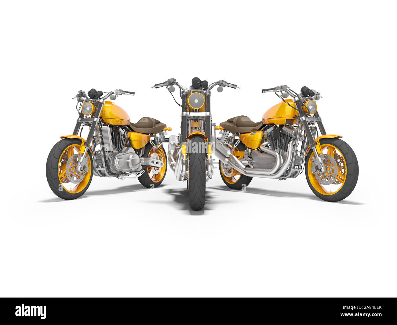 Group of orange motorcycles front view 3d render on white background ...