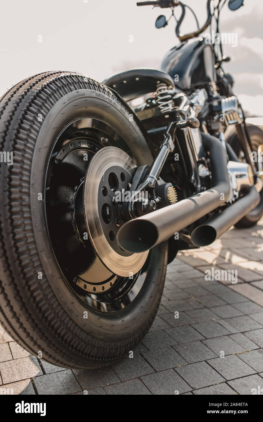 Vintage bike rear view - cool powerful custom motorcycle Stock Photo ...