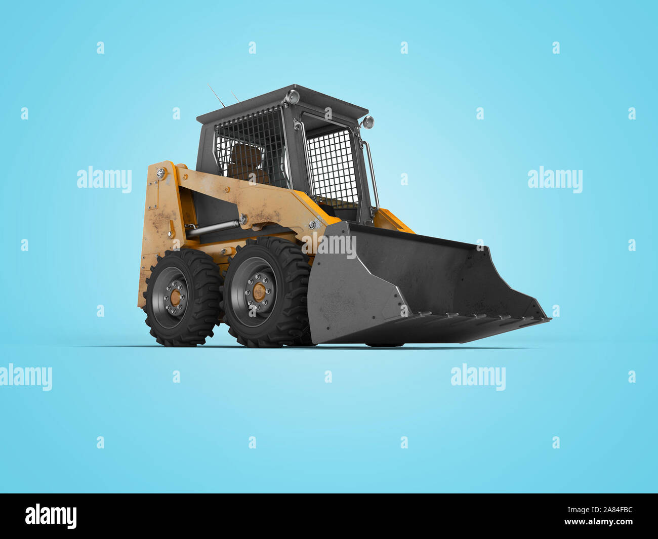 Orange diesel loader with front bucket 3d render on blue background ...