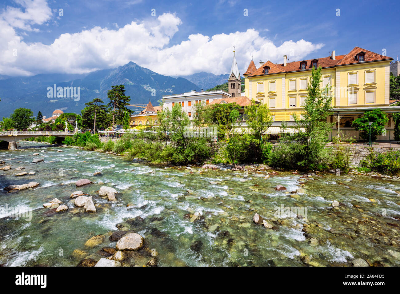 MERANO, ITALY - JULY 20, 2019 - Merano Promenade along the torrente ...