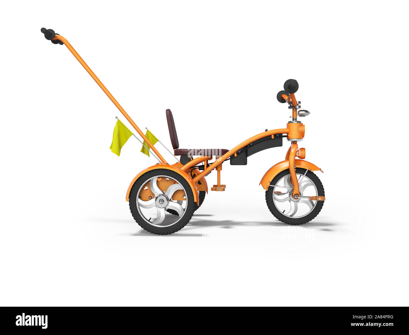 Orange kids bike with telescopic handle side view 3d render on white ...