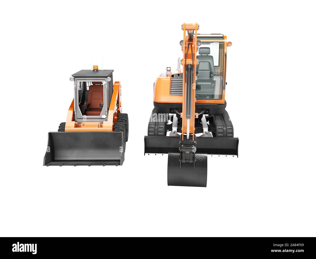 Orange mini crawler excavator and mini loader front view 3d render on ...