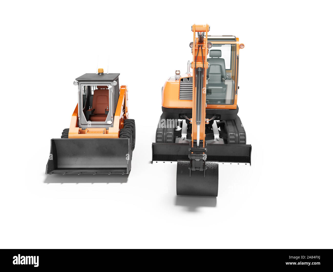 Orange mini crawler excavator and mini loader front view 3d render on ...