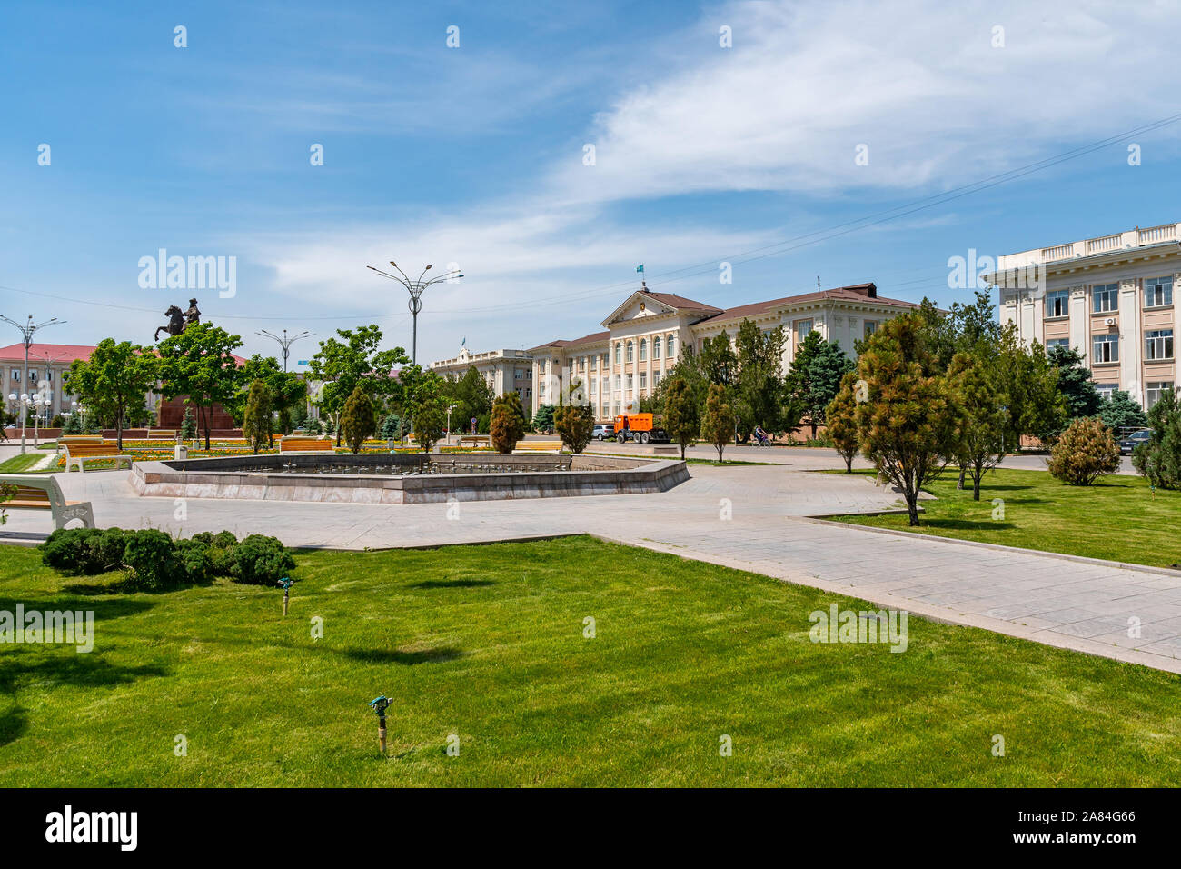 Taraz Akimat City Hall with Waving Kazakhstan Flag on Top of Roof ...