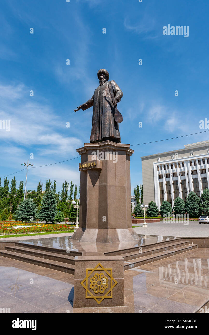 Taraz Regional Akimat City Hall with Waving Kazakh Flag and Statue of ...