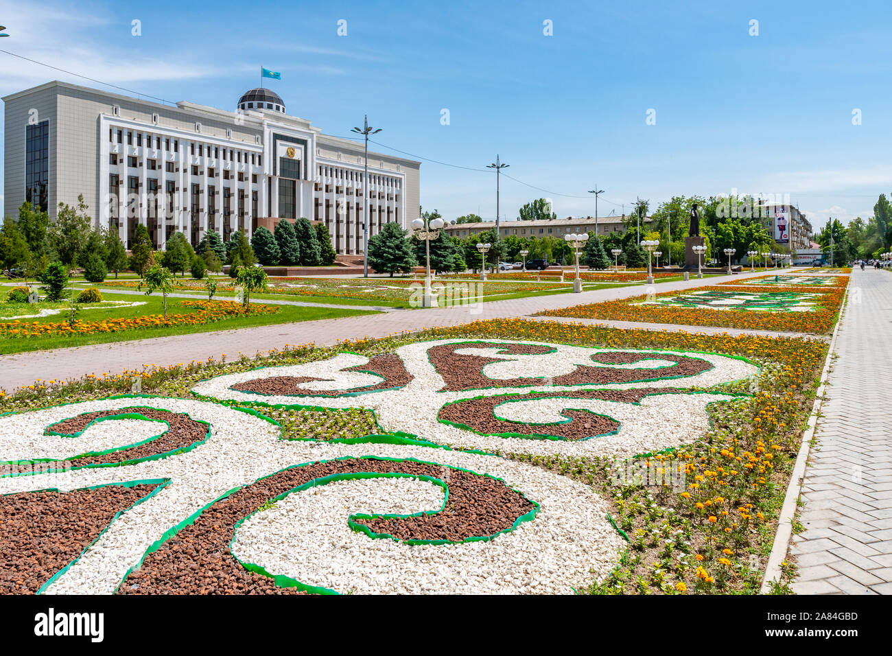 Taraz Regional Akimat City Hall with Waving Kazakh Flag and Statue of ...