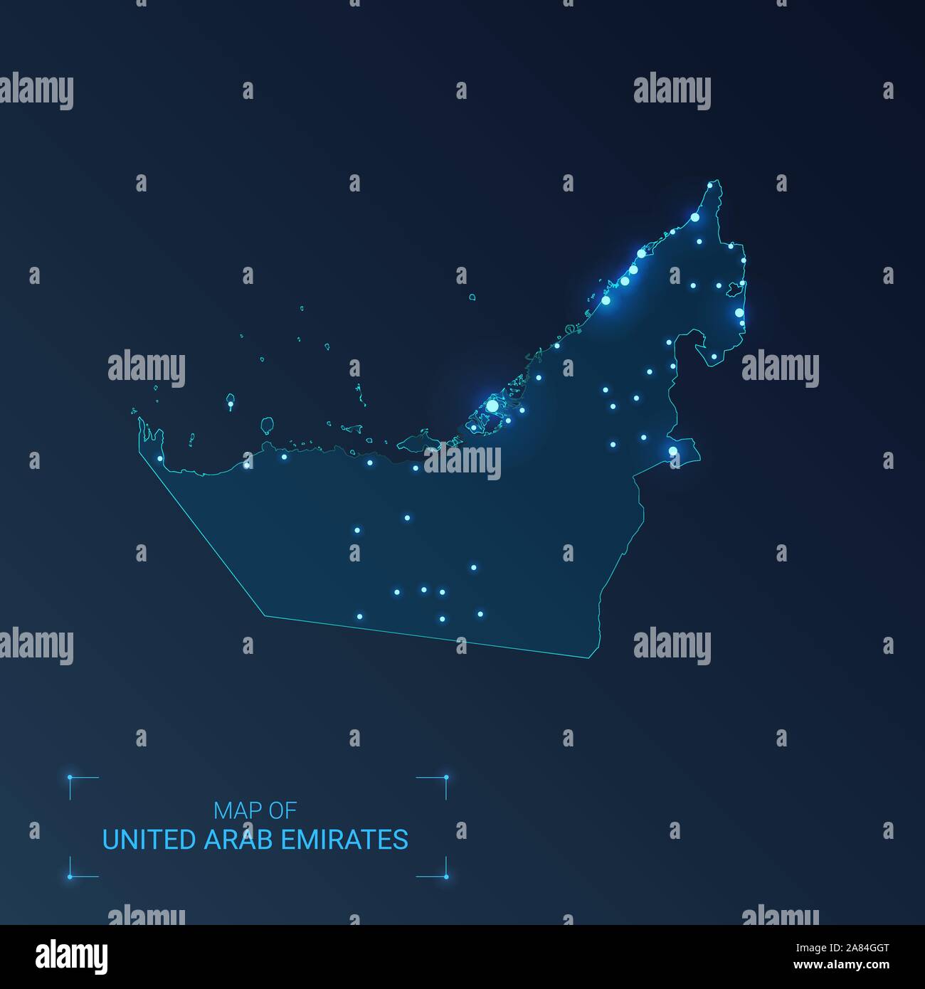 United Arab Emirates map with cities. Luminous dots - neon lights on ...
