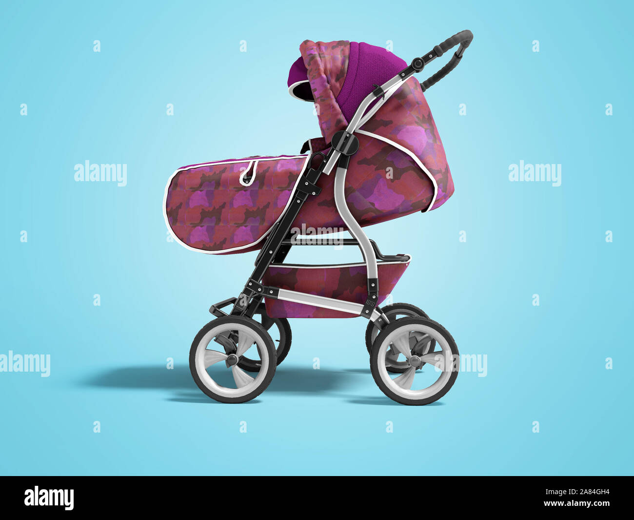 Purple baby stroller isolated left view 3d render on blue background ...
