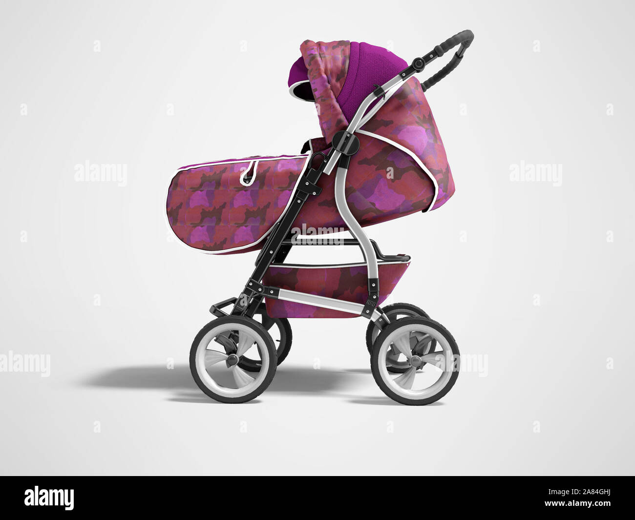 Purple baby stroller isolated left view 3d render on gray background ...