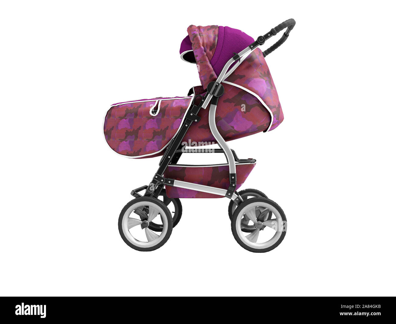 Purple baby stroller isolated left view 3d render on white background ...