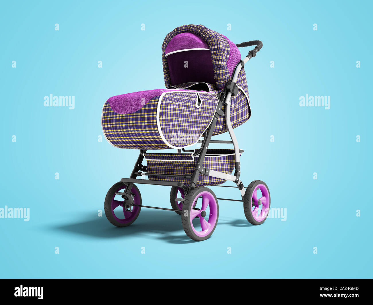 Purple baby stroller with cloth cage for baby isolated 3d render on ...