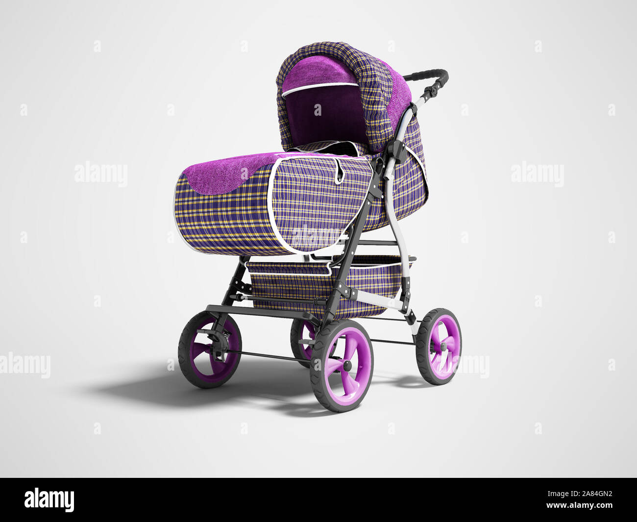 Purple baby stroller with cloth cage for baby isolated 3d render on ...