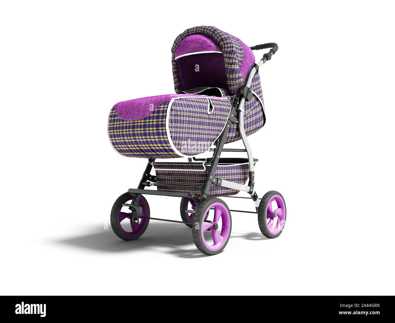 Purple baby stroller with cloth cage for baby isolated 3d render on ...