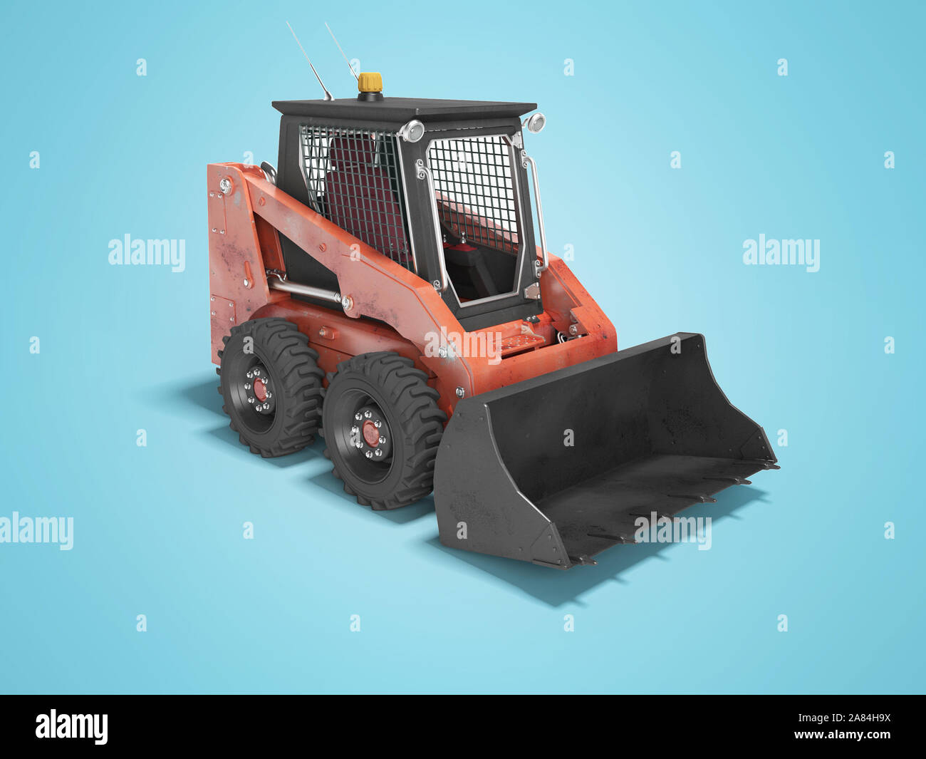 Red diesel loader with front bucket perspective view 3d render on blue ...