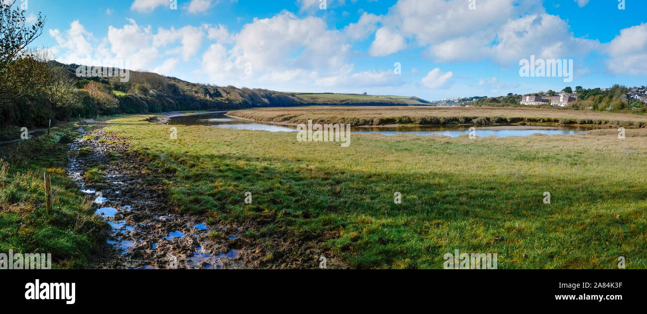 A panoramic view of the Gannel River in the Gannel Estuary in Newquay ...
