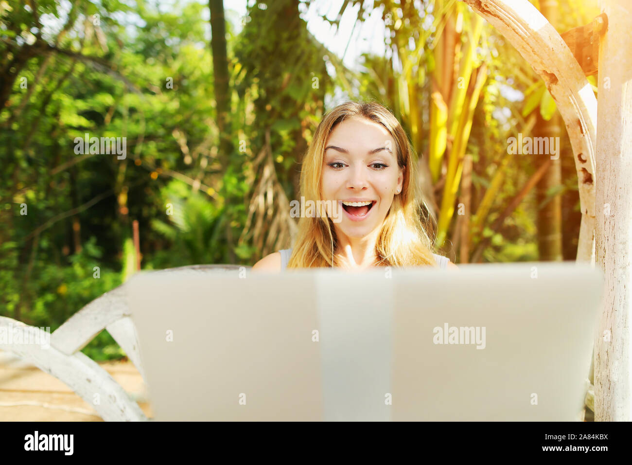 happy crazy woman uses laptop for work on sunshine green palms ...