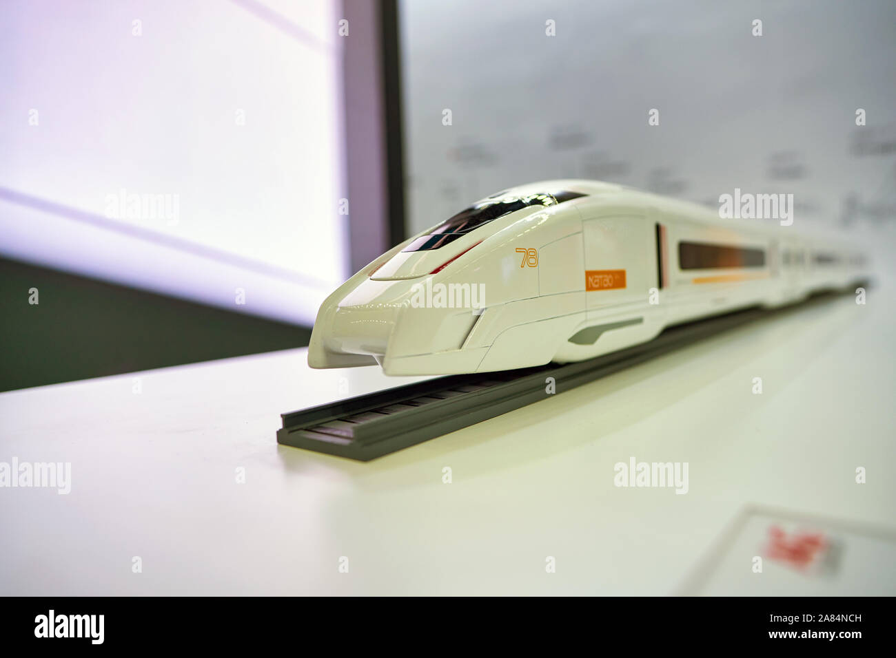 SHENZHEN, CHINA - CIRCA APRIL, 2019: scale model of a train on display ...