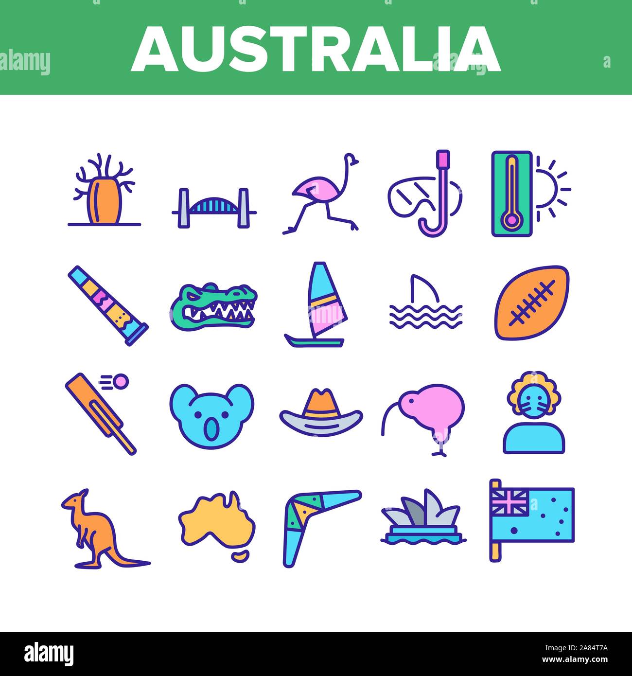 Australia Country Nation Cultural Icons Set Vector Stock Vector Image ...