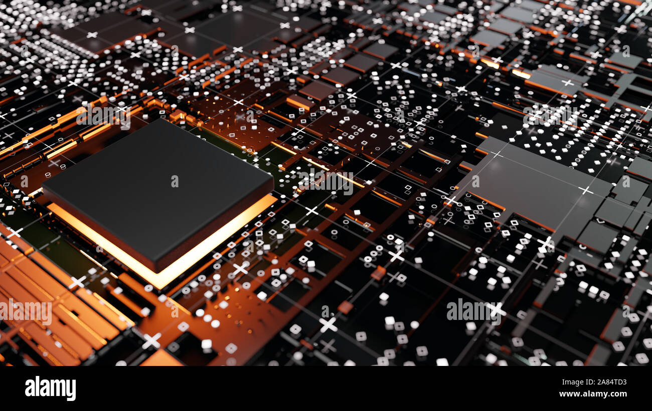 Abstract Central Computer Processors Concept. 3D illustration. Conceptual CPU on circuit board ...