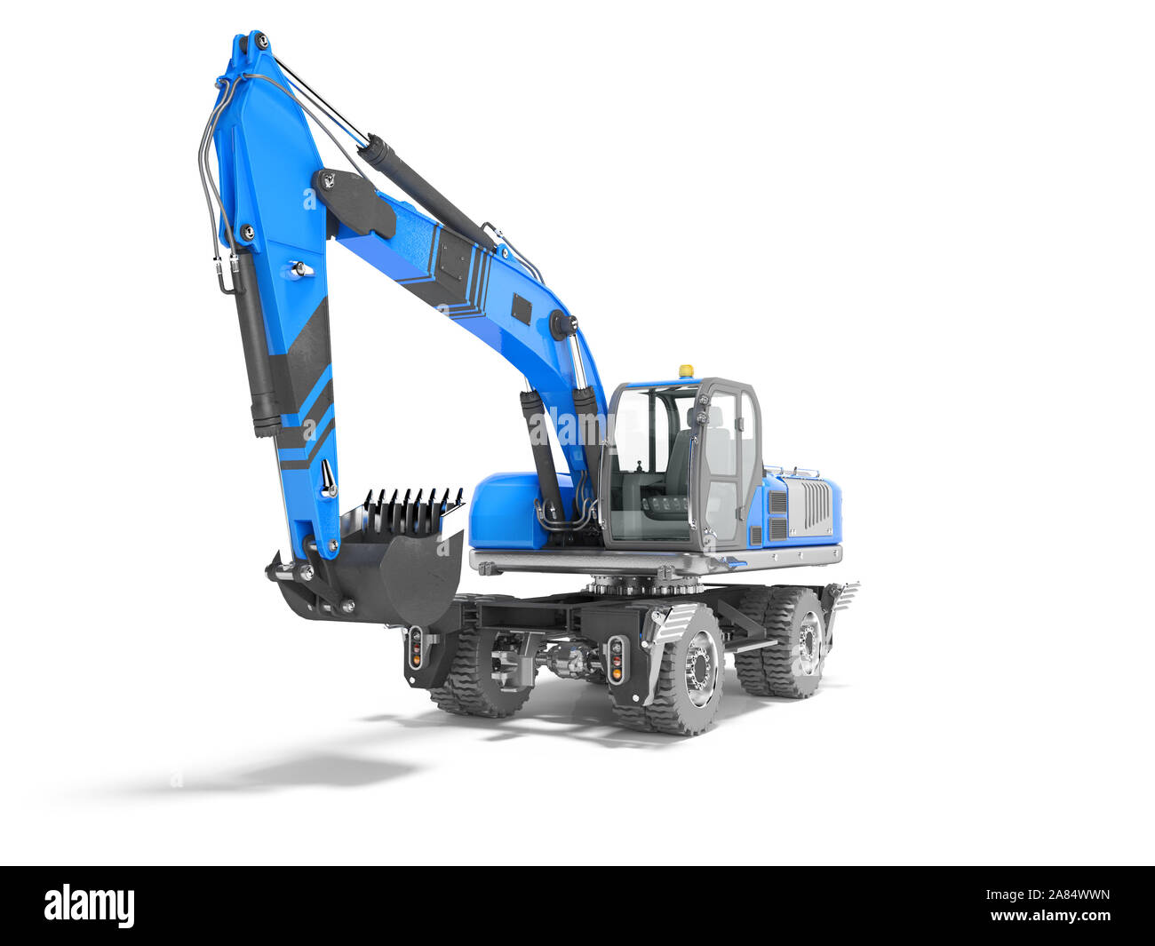 Blue excavator loader wheel isolated 3D render on white background with ...