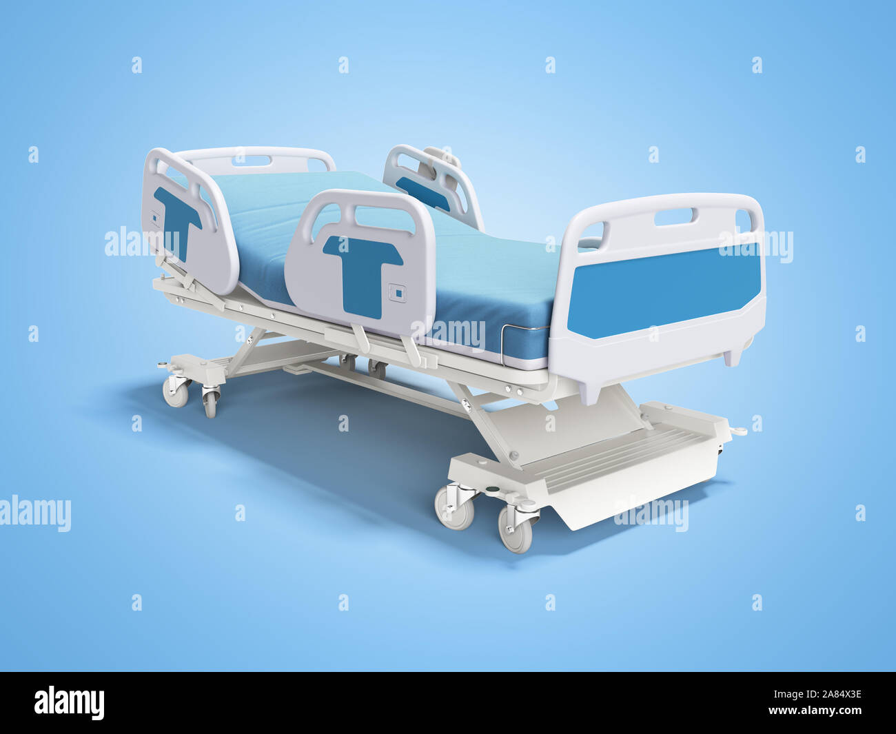 Blue hospital bed with lifting mechanism on standalone control panel ...