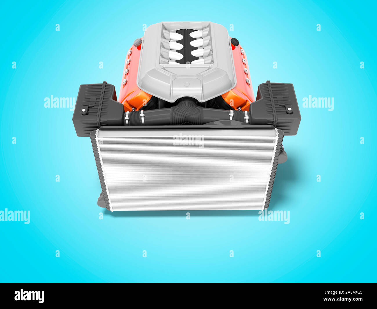Car engine for eight cylinders red assembled radiator air filter side ...