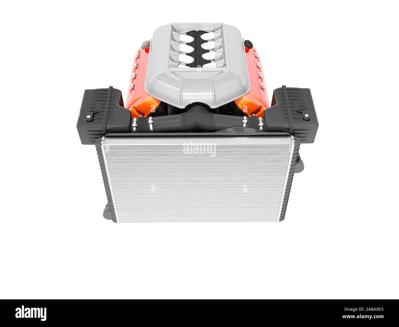 Car engine for eight cylinders red assembled radiator air filter side ...