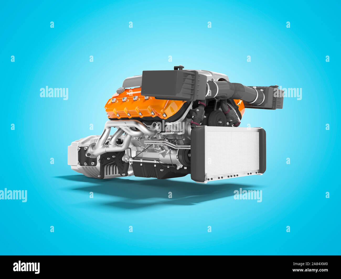 Car engine for eight cylinders red assembled with air filters collector ...