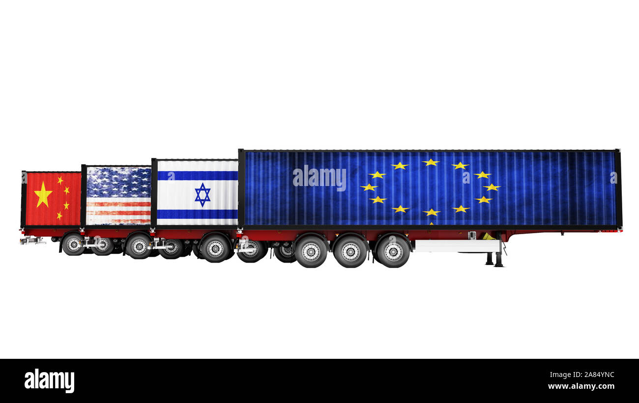 Concept of importing goods from Israel to Europe China America trailers ...