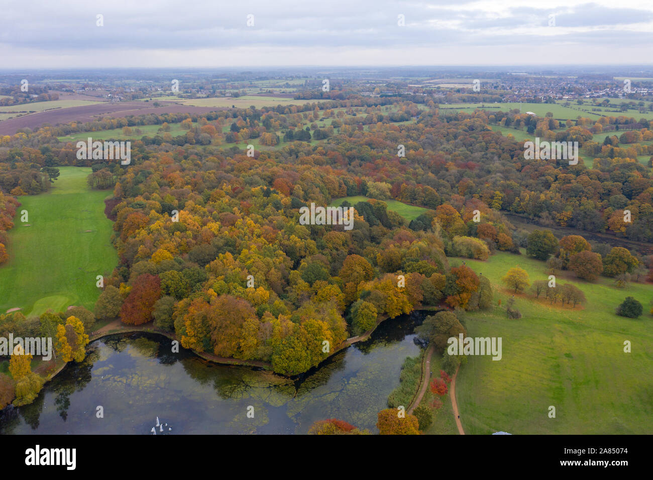 Aerial photo in autumn showing the beautiful autumn fall colours of a ...
