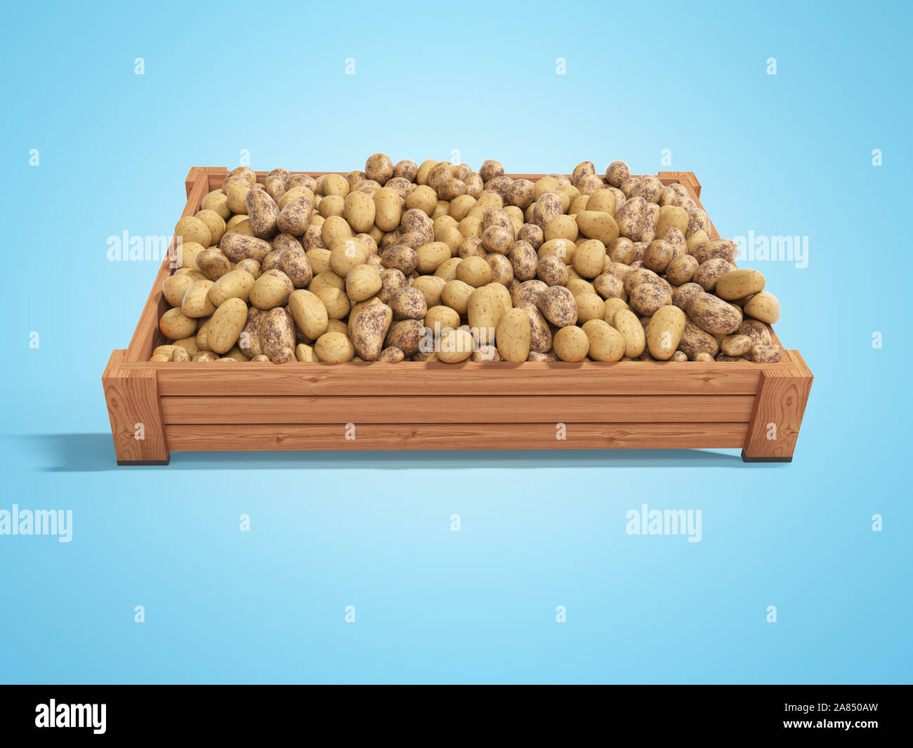 Concept selling ripe varietal potatoes in wooden box rear render on ...