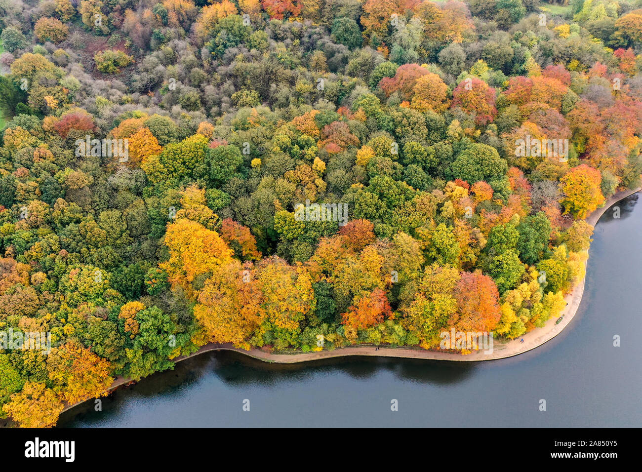 Aerial photo in autumn showing the beautiful autumn fall colours of a ...
