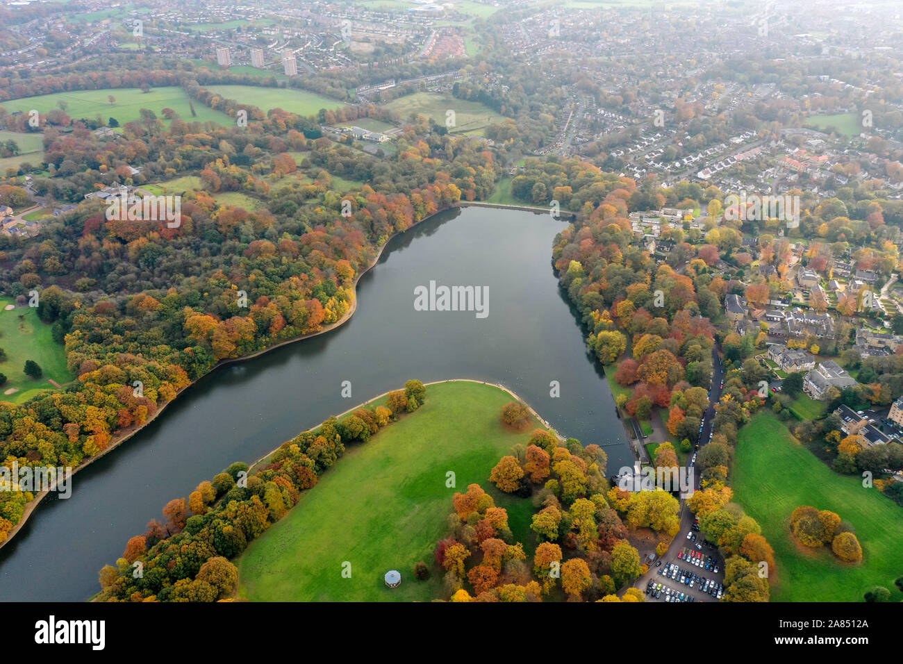 Aerial photo in autumn showing the beautiful autumn fall colours of a ...