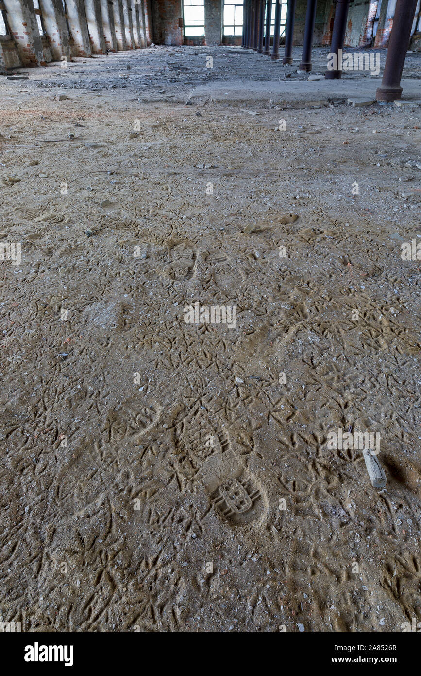 interior of derelict mill building with footprints in dirt on floor ...