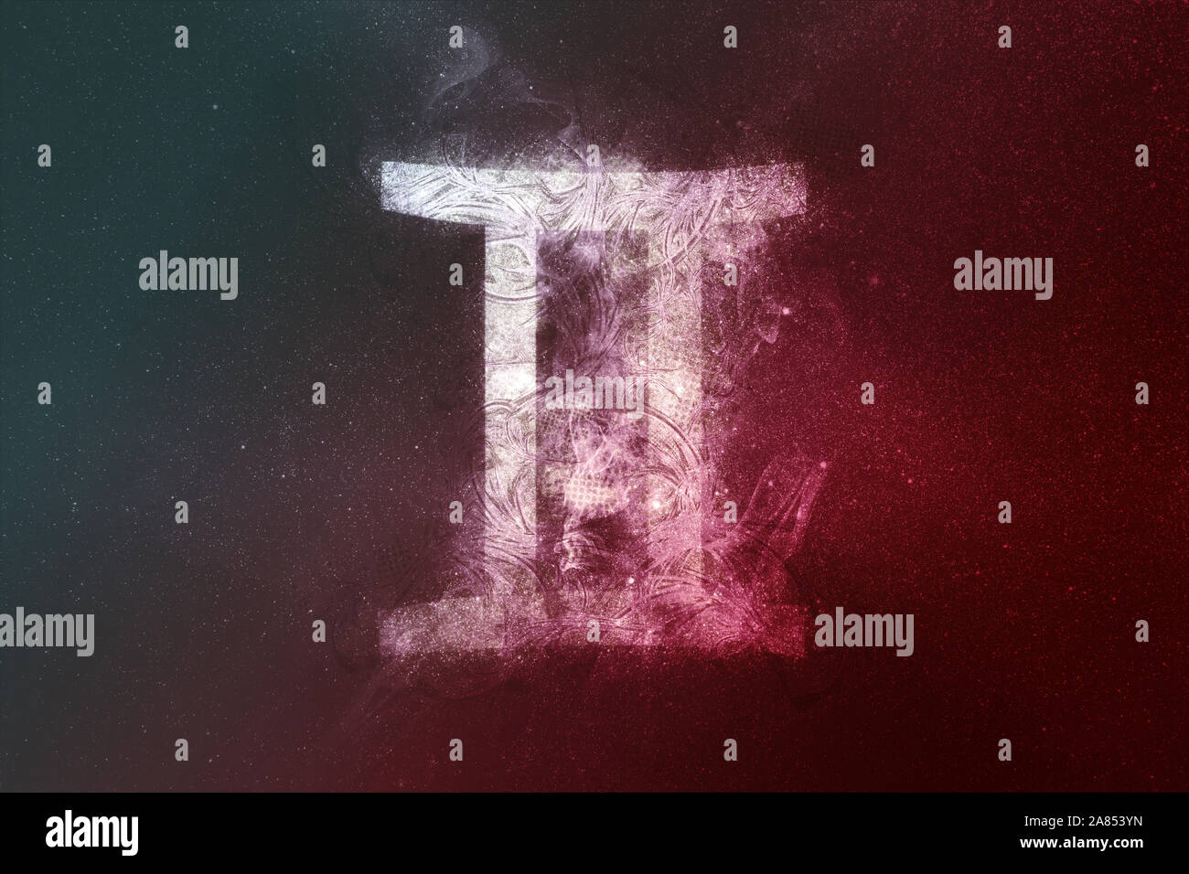 Gemini Zodiac Sign White Red. Night sky Abstract background Stock Photo ...