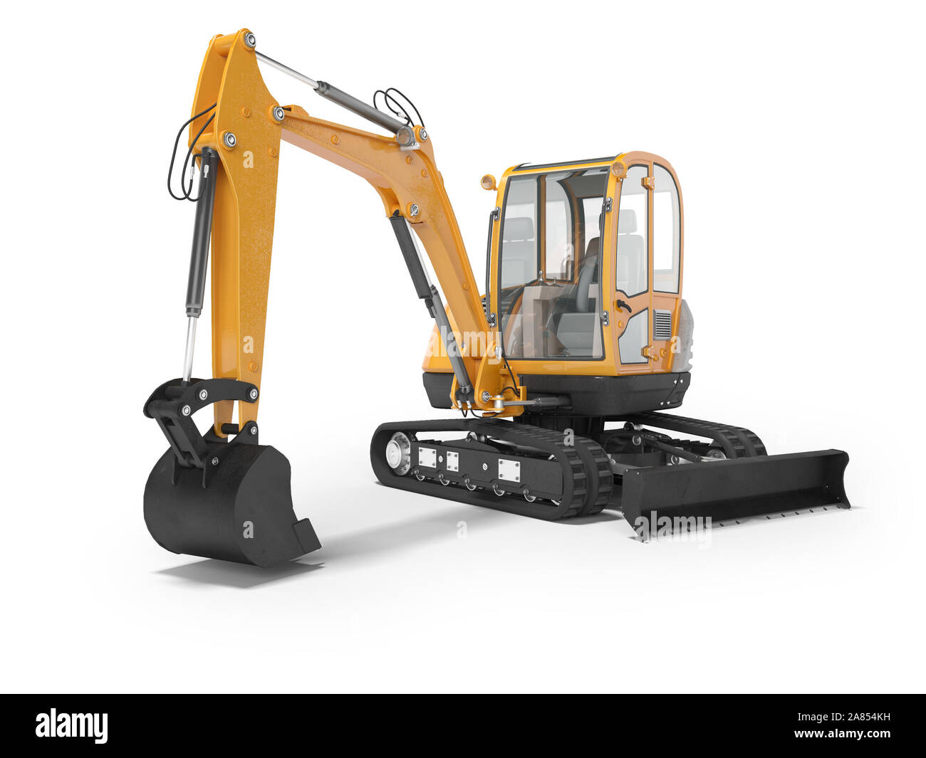 Orange mini excavator with hydraulic mechlopata with leveling bucket in ...