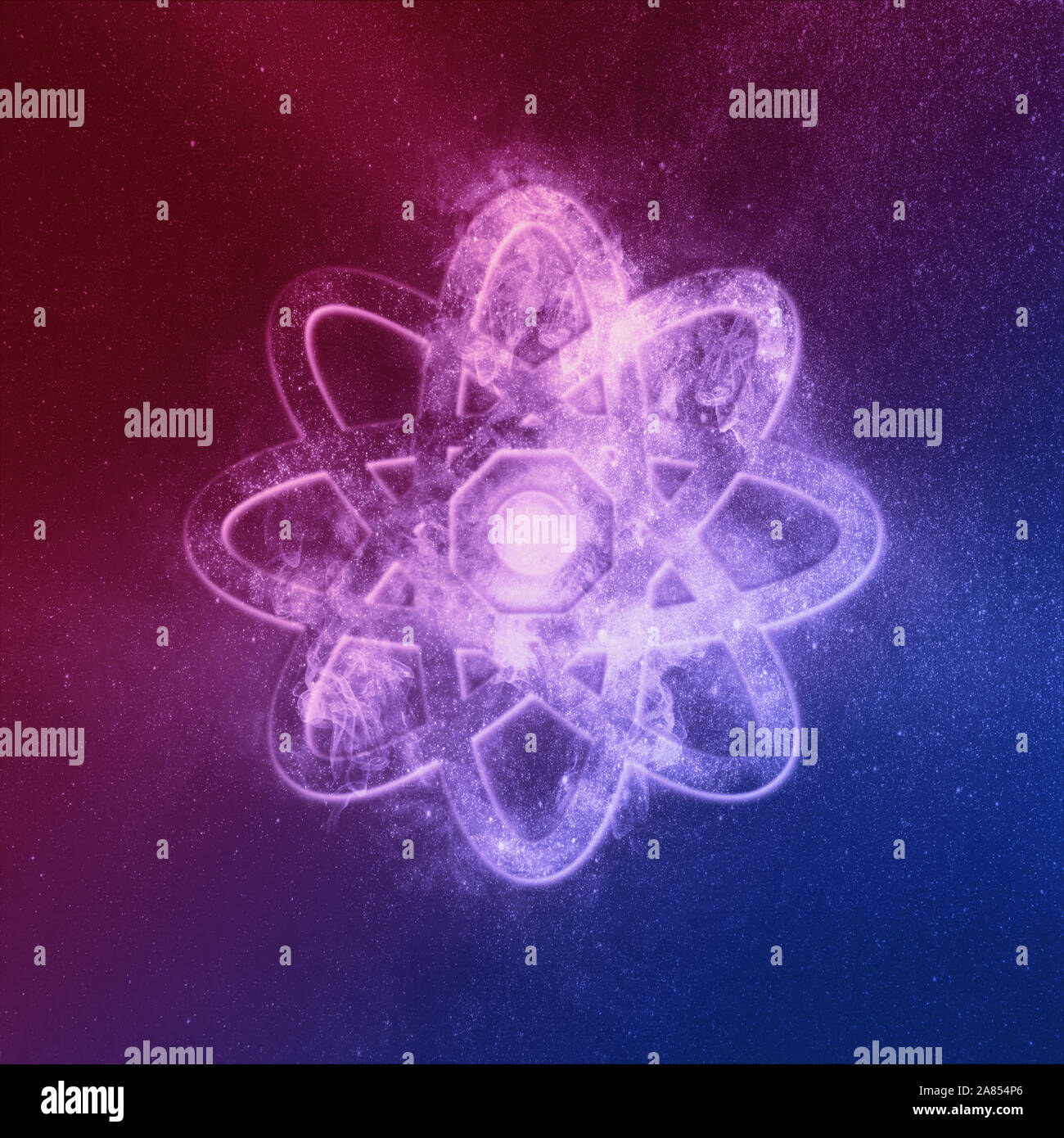 Atom symbol Red Blue. Abstract night sky background Stock Photo - Alamy