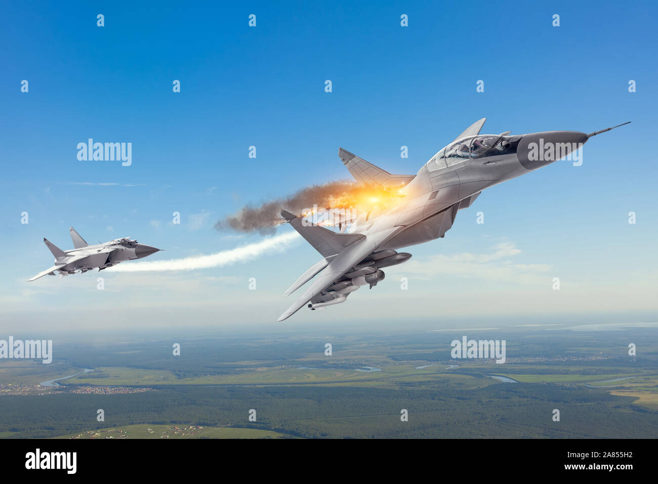 Combat fighter launched a homing missile and explosion hit a target ...