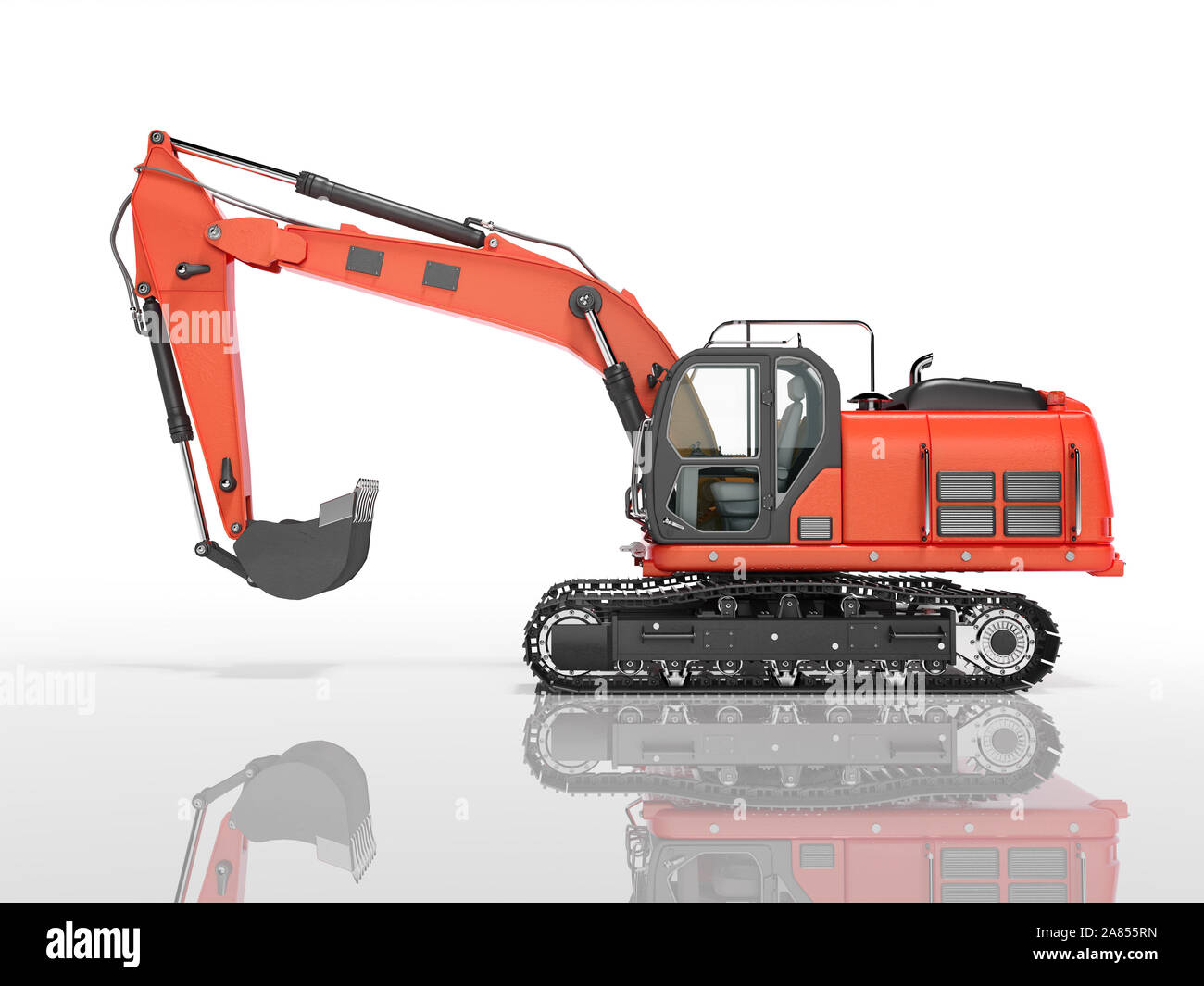 Road building red excavator on metal caterpillar track left side view ...