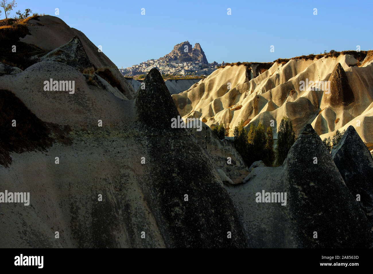 Panoramic view of Uchisar village and castle in Cappadocia, Anatolia ...