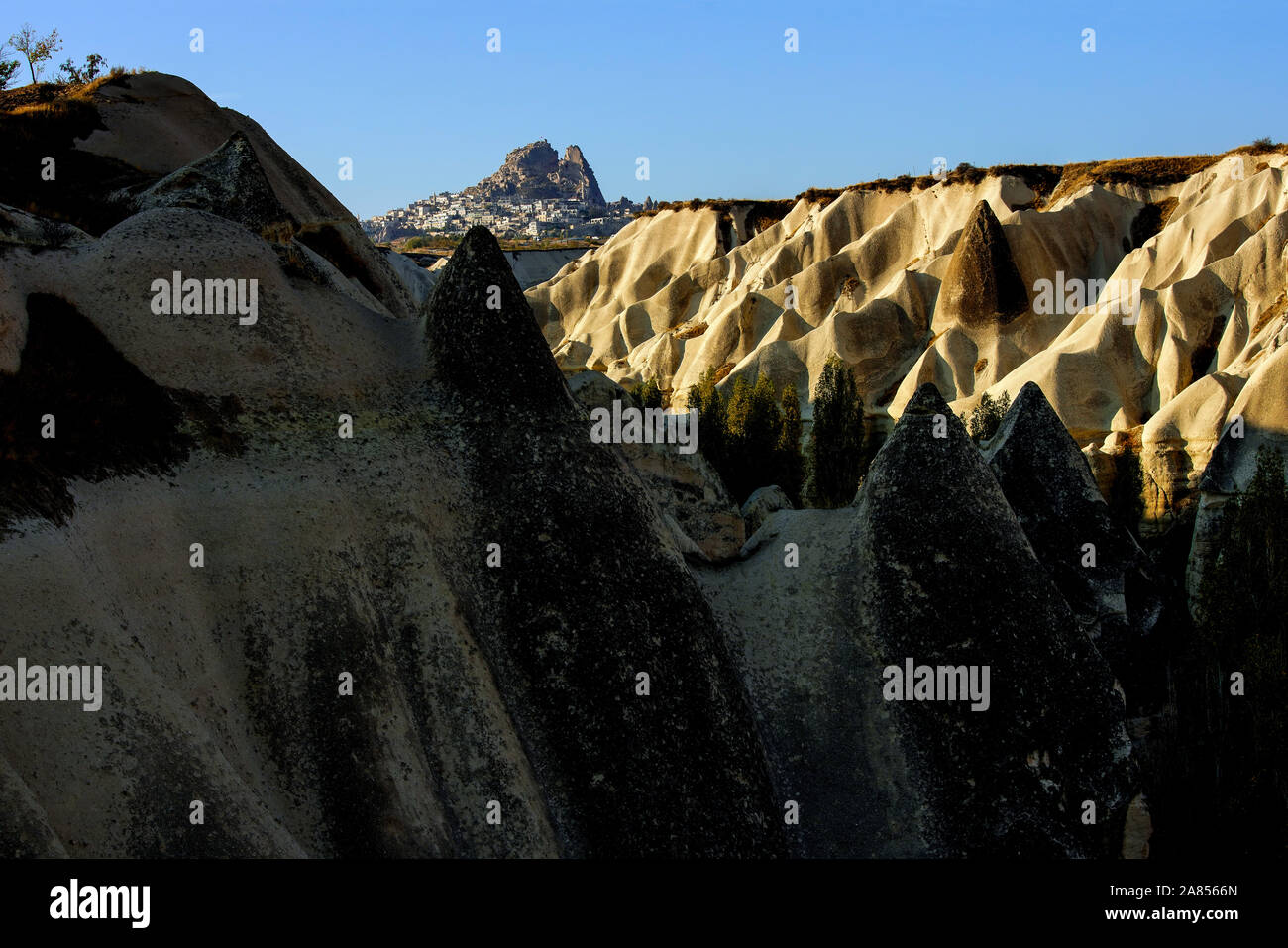 Panoramic view of Uchisar village and castle in Cappadocia, Anatolia ...
