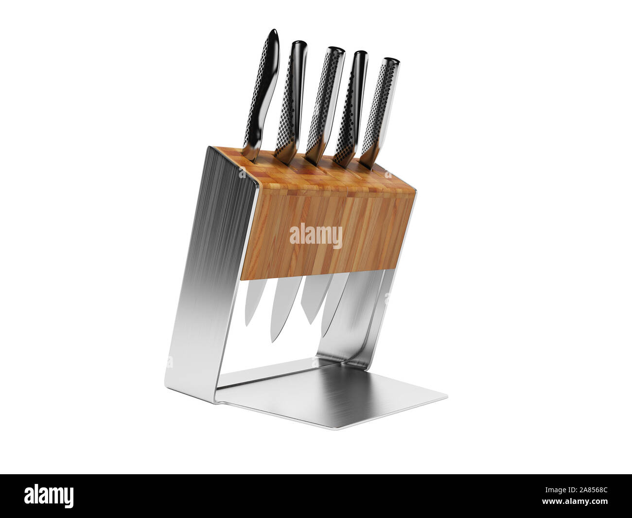 Set of metal knives in wooden stand with metal inserts 3D render on ...