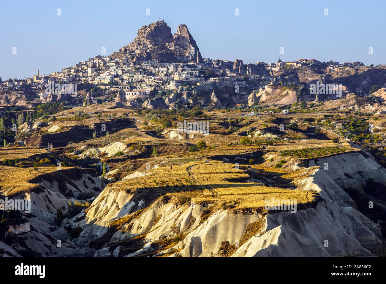 Elevated view of Uchisar village and castle in Cappadocia, Anatolia ...