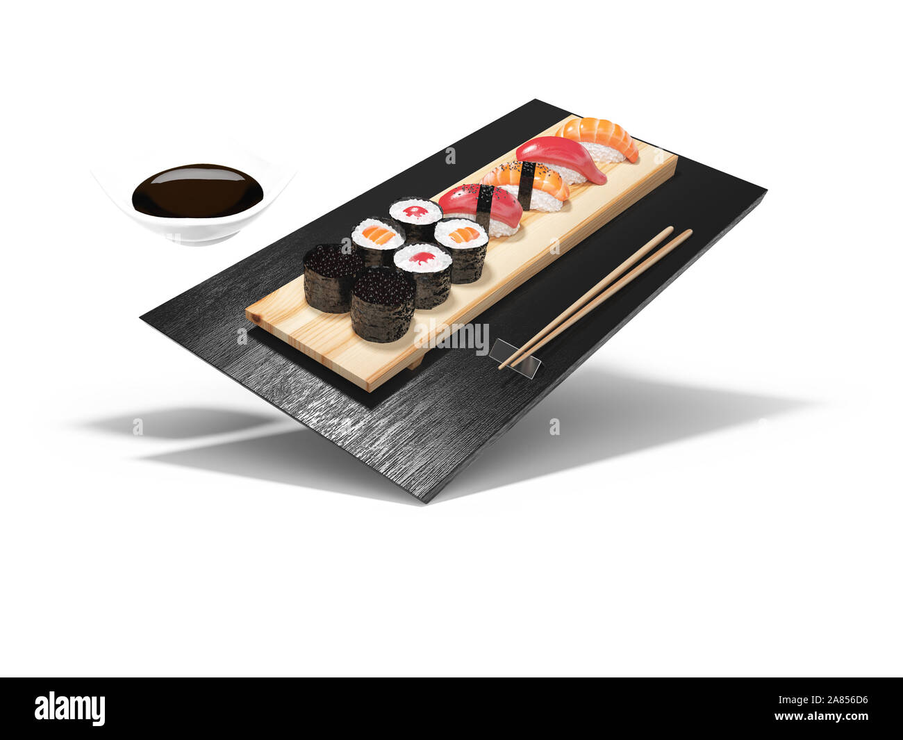 Set of sushi for the preparation and sale of 3D render on white ...