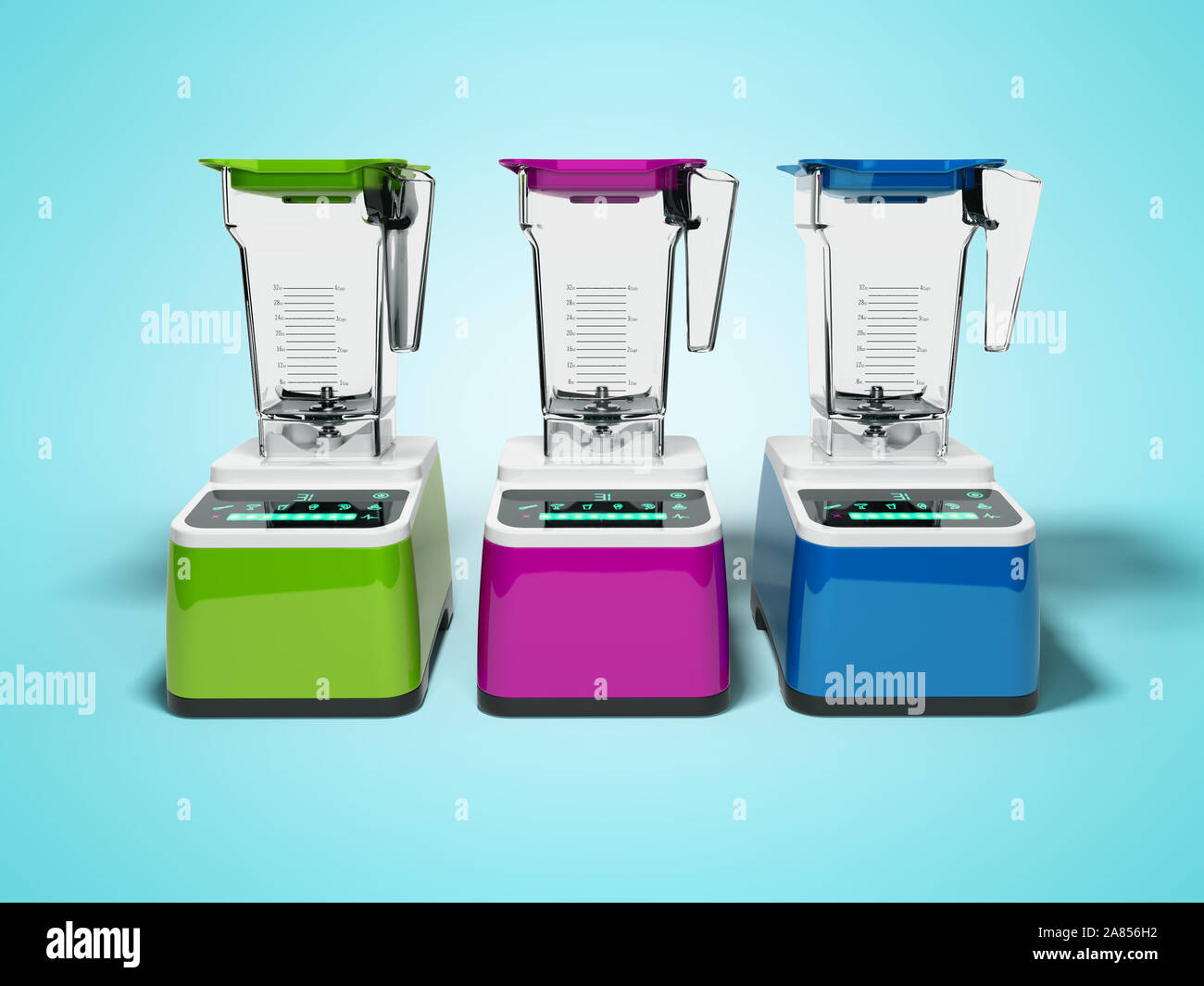 Set with glass bowl electric blender front view 3D render on blue ...